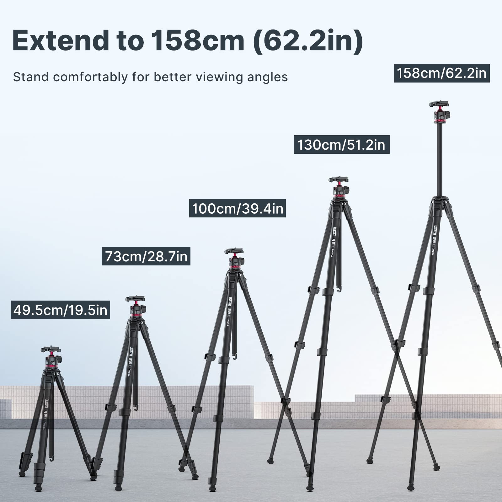 ULANZI MT-55 Travel Camera Tripod Stand, 62.2 inch Video Heavy Duty Tripod Mount for Sony Nikon Canon Fuji DSLR Camera, w Smartphone Clamp - Ombra