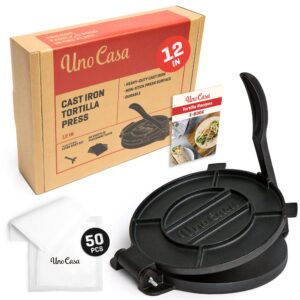 uno casa tortilla press 12 inch cast iron - heavy duty 12 inch tortilla press. large tortilla press with 50 parchment papers - tortilleras mexicanas para hacer tortillas