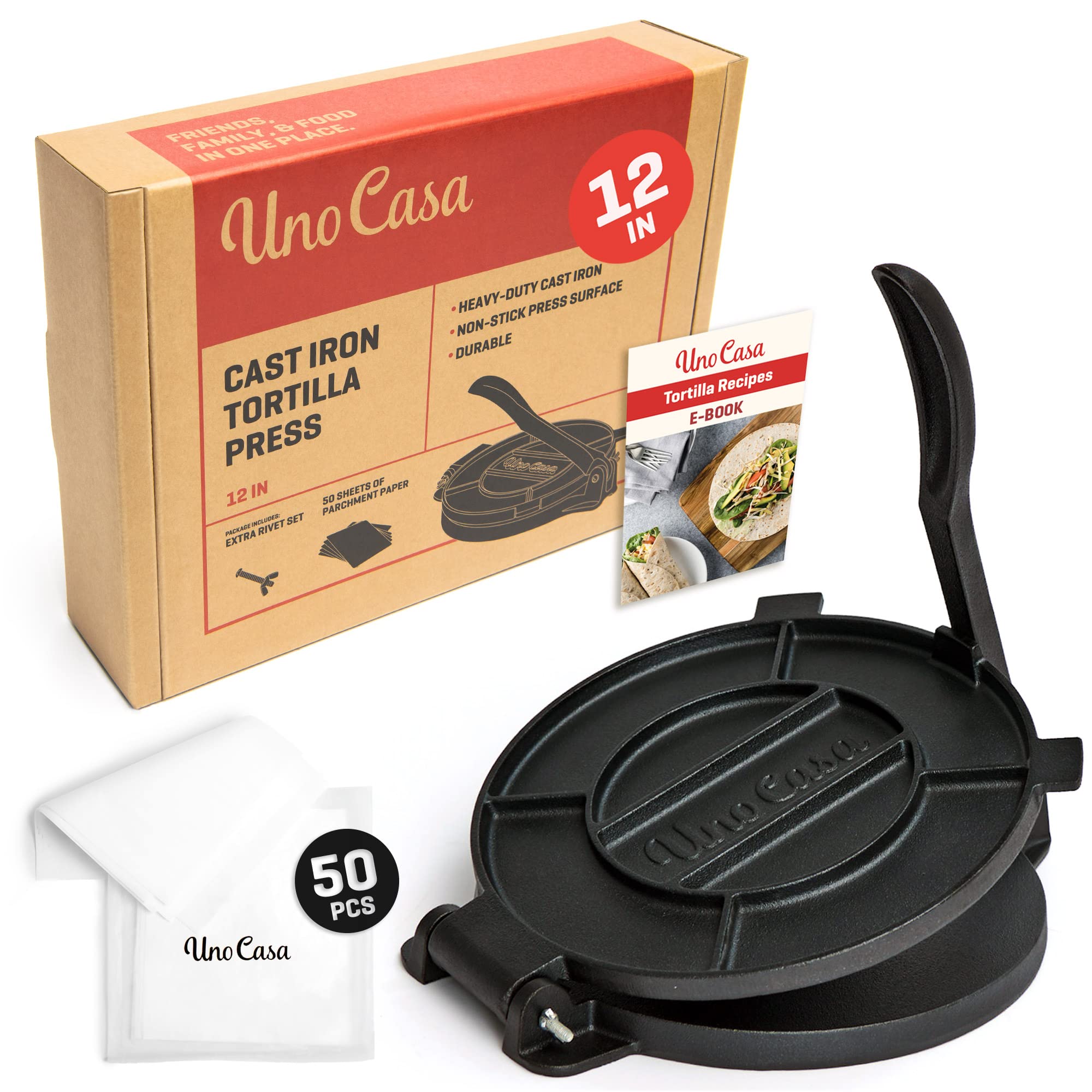 Uno Casa Tortilla Press 12 Inch Cast Iron - Heavy Duty 12 Inch Tortilla Press. Large Tortilla Press with 50 Parchment Papers - Tortilleras Mexicanas Para Hacer Tortillas