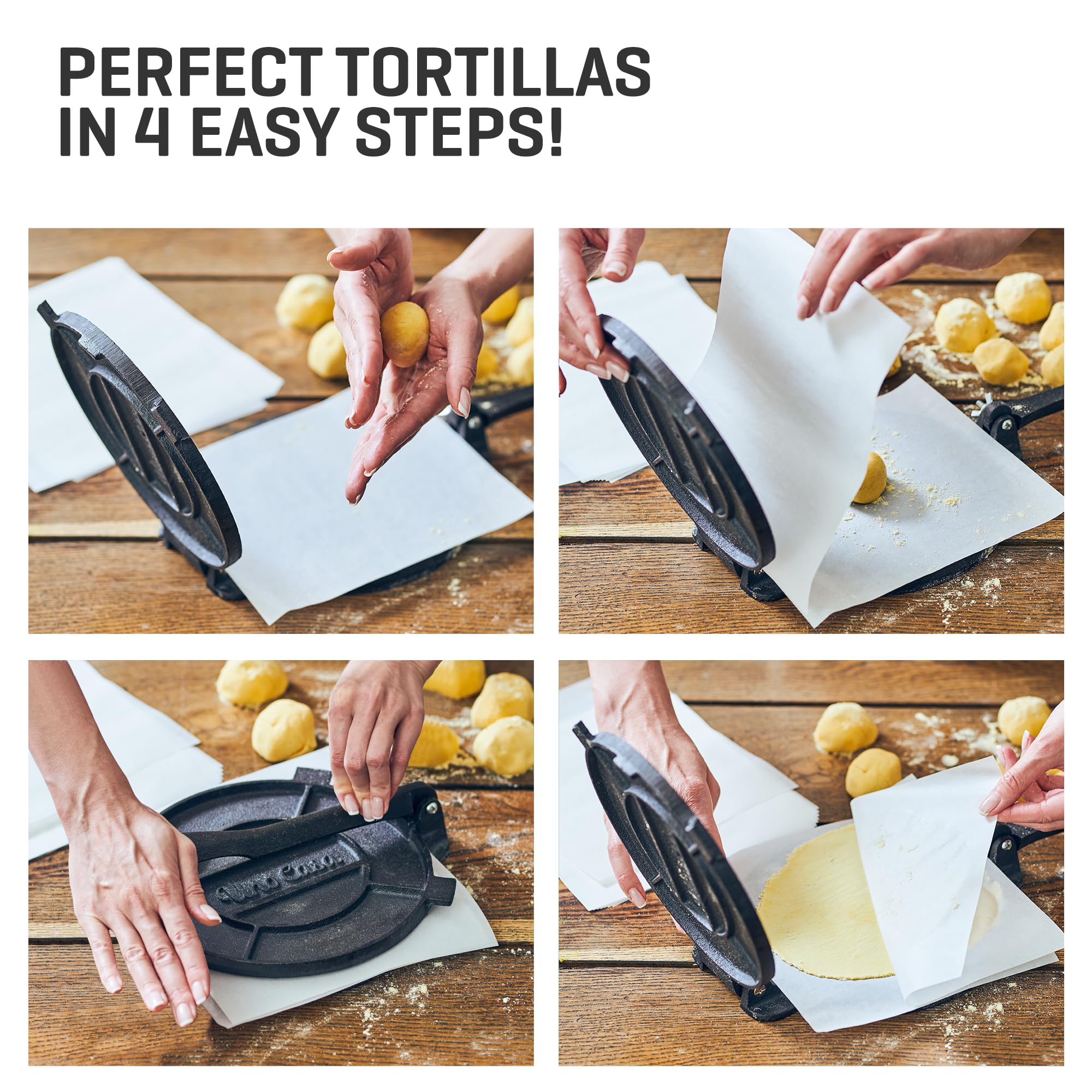 Uno Casa Tortilla Press 12 Inch Cast Iron - Heavy Duty 12 Inch Tortilla Press. Large Tortilla Press with 50 Parchment Papers - Tortilleras Mexicanas Para Hacer Tortillas