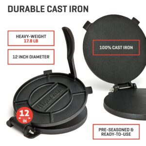 Uno Casa Tortilla Press 12 Inch Cast Iron - Heavy Duty 12 Inch Tortilla Press. Large Tortilla Press with 50 Parchment Papers - Tortilleras Mexicanas Para Hacer Tortillas