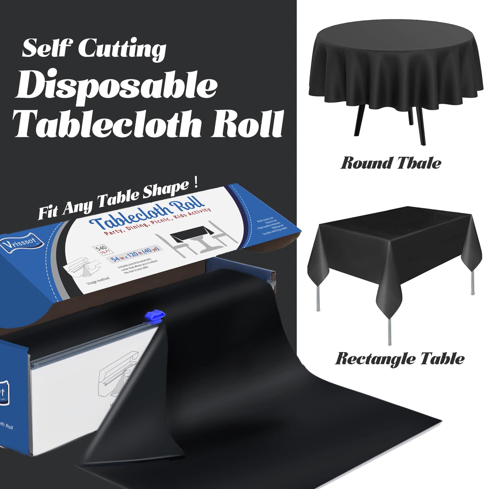 Vrisssot Plastic Table Cover Roll Disposable Tablecloth: 54in X 120ft Table Covers Plastic Table Cover Roll with Easy Slide Cutter Plastic Table Cloths for Parties Disposable-Black