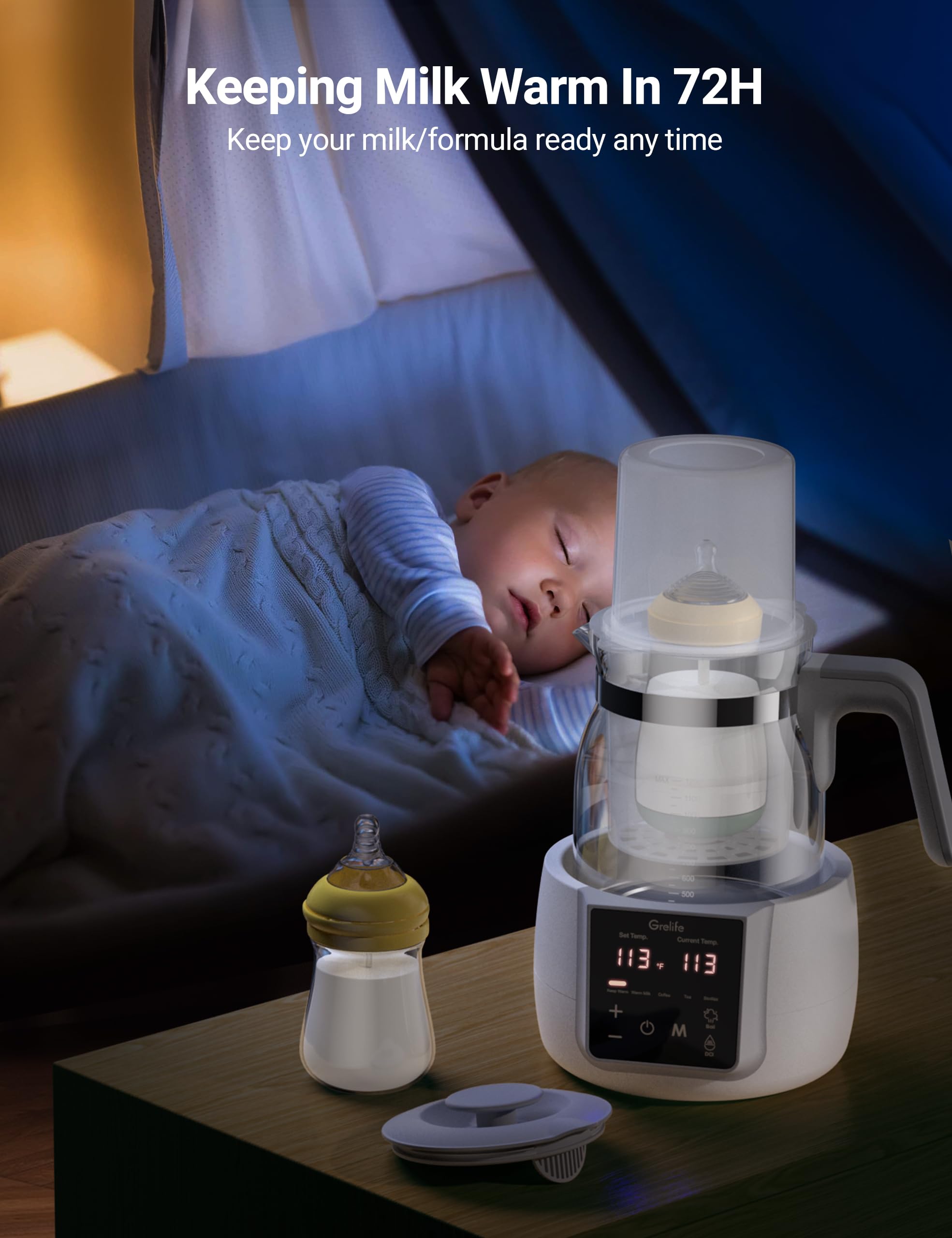 Bottle Warmer,Grelife 9-in-1 Fast Portable Instant Baby Milk Warme with 72H Keep Warm,Accurate Temperature Control,with Defrost, Sterili-zing, Heat Baby Food Jars for Breastmilk,Formula,Tea,Coffee