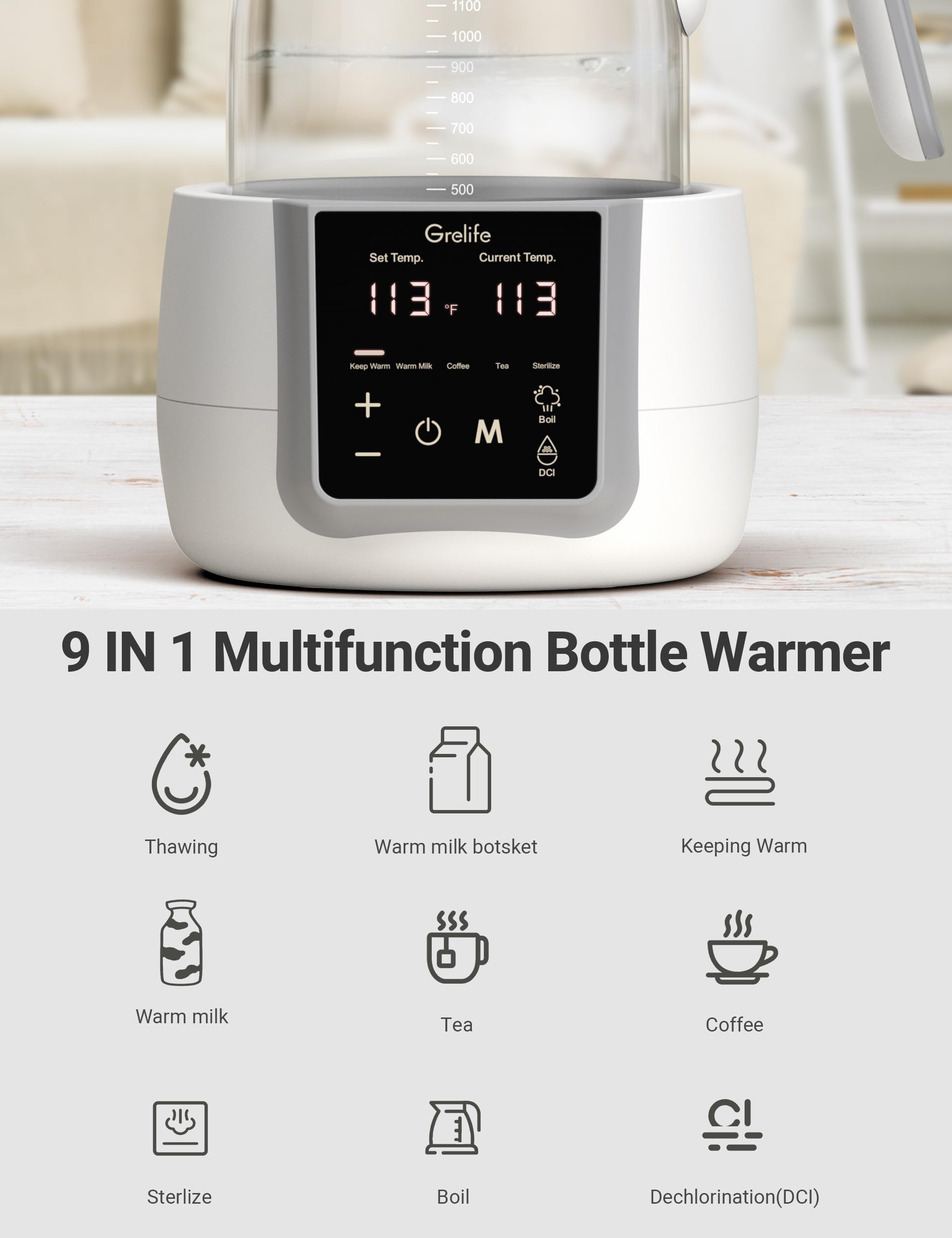 Bottle Warmer,Grelife 9-in-1 Fast Portable Instant Baby Milk Warme with 72H Keep Warm,Accurate Temperature Control,with Defrost, Sterili-zing, Heat Baby Food Jars for Breastmilk,Formula,Tea,Coffee