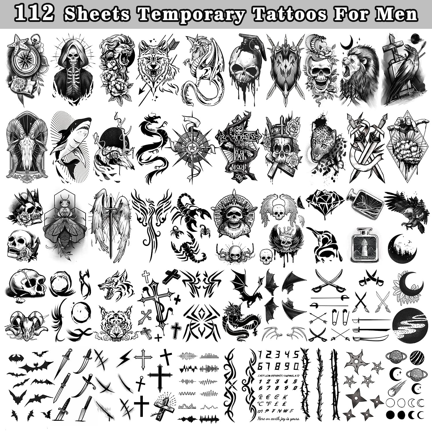 Cerlaza 112 Sheets Custom Temporary Tattoos for Men, Temporary Tattoos Adult Small Fake Tattoos for Neck Arm Finger, Tatuajes Temporales Men Tiger Wolf Lion Dragon Tattoo Stickers