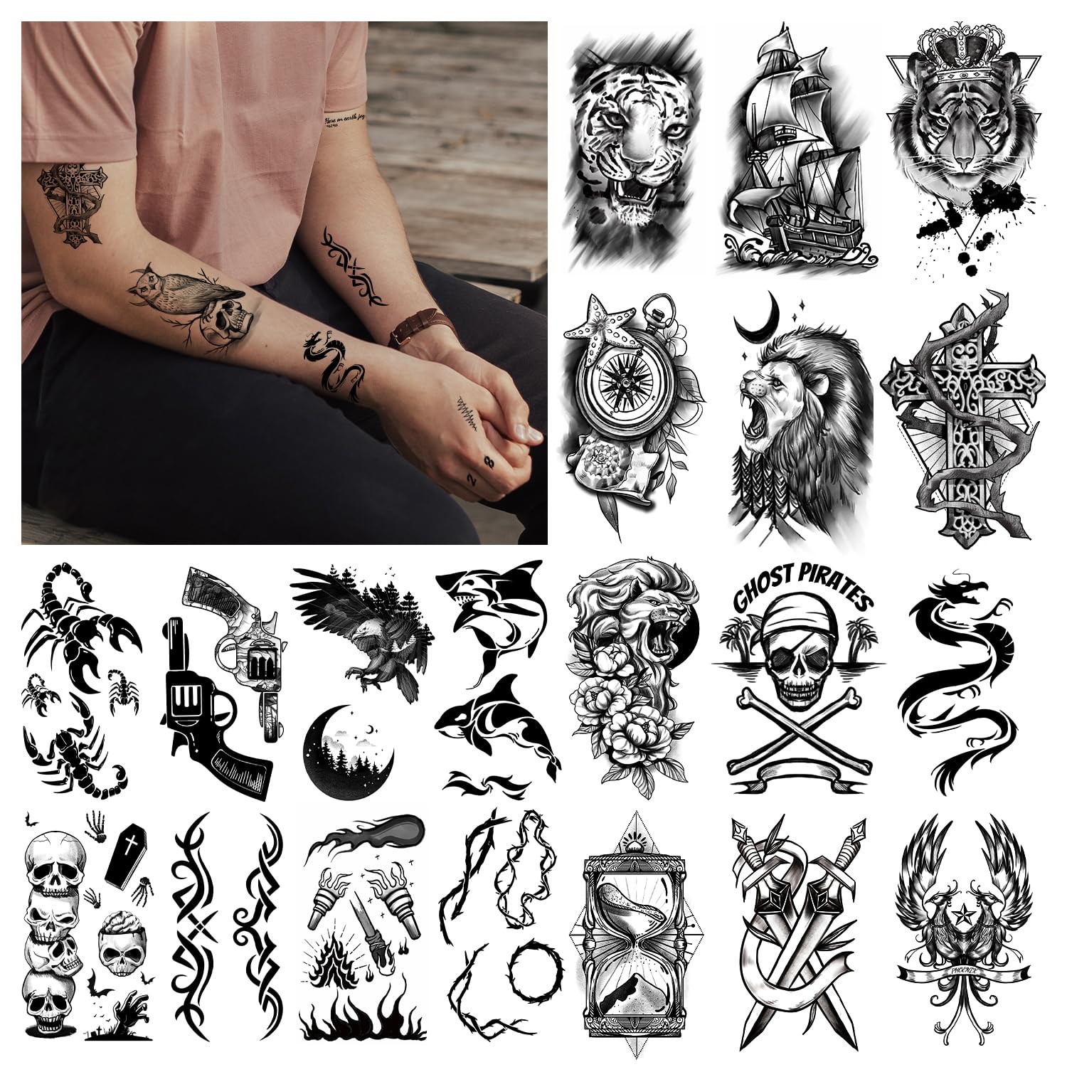 Cerlaza 112 Sheets Custom Temporary Tattoos for Men, Temporary Tattoos Adult Small Fake Tattoos for Neck Arm Finger, Tatuajes Temporales Men Tiger Wolf Lion Dragon Tattoo Stickers