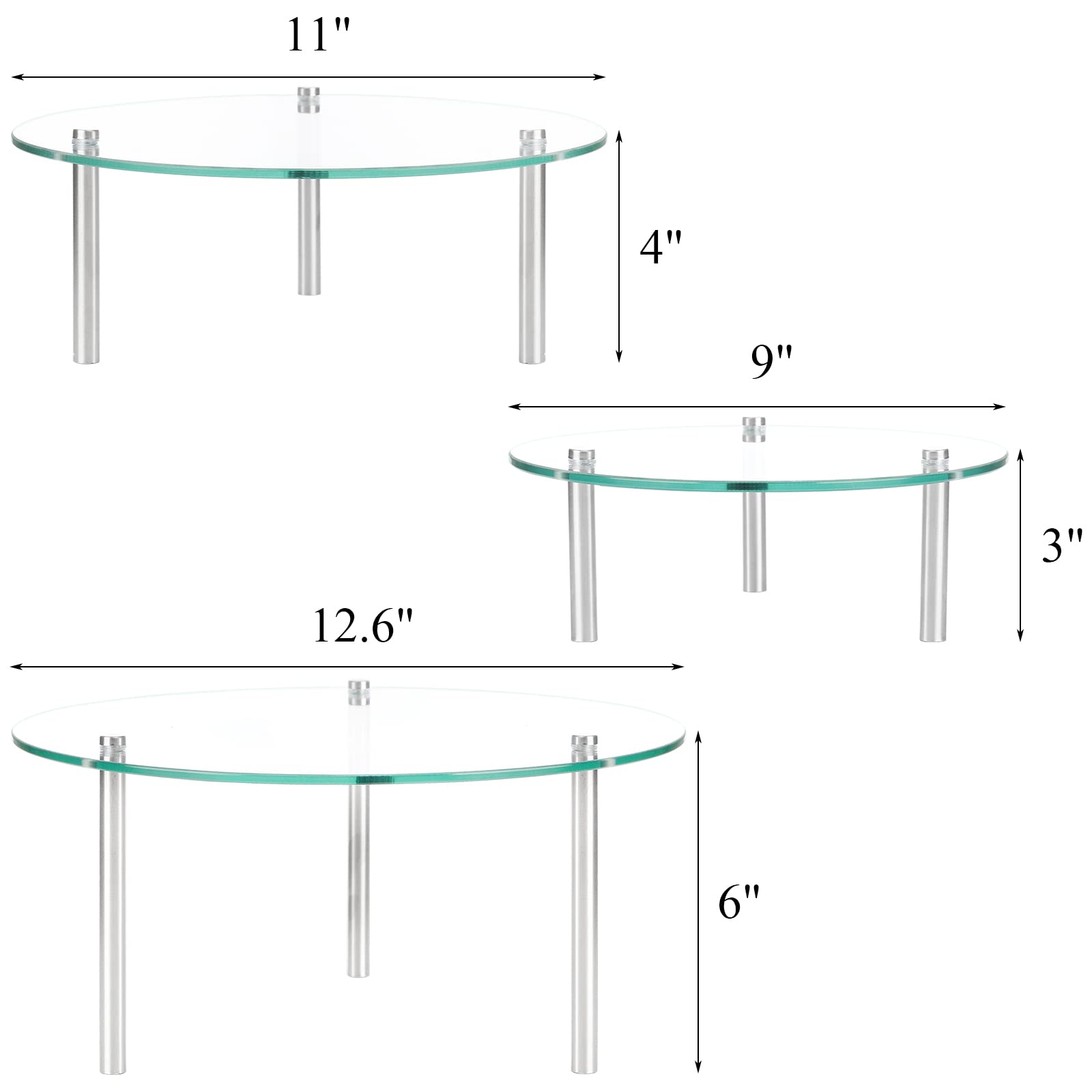 Hacaroa 3 Pcs Tempered Glass Cupcake Stands, 9,11,12.6 Inch Round Food Display Stand Clear Retail Risers for Cakes, Desserts, Pastries, Appetizers