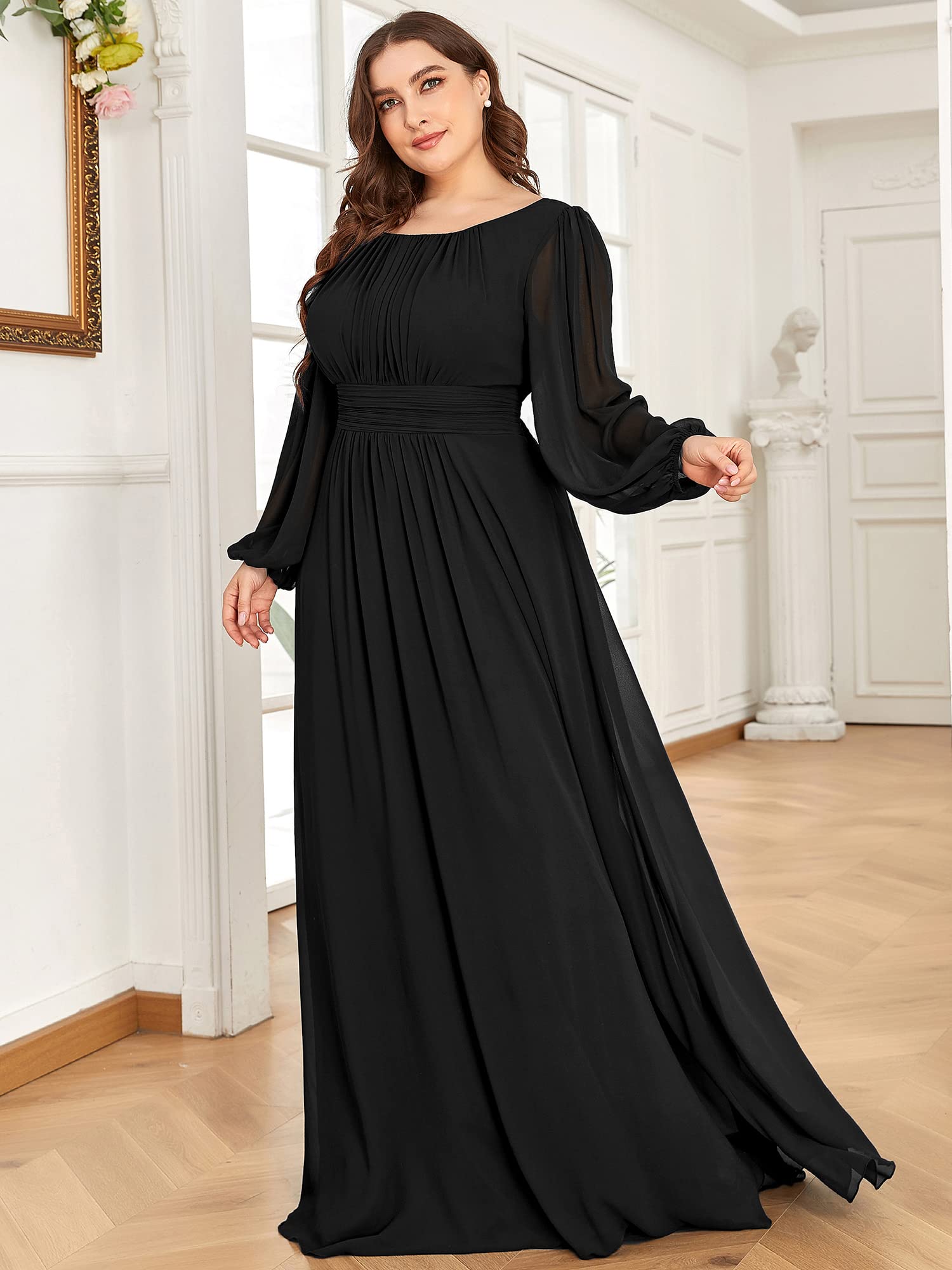 Ever-Pretty Women's Round Neck Long Lantern Sleeves Chiffon Pleated Long Evening Gown Plus Size Formal Dress Black US22