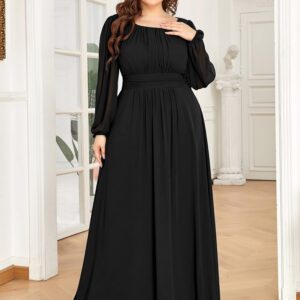 Ever-Pretty Women's Round Neck Long Lantern Sleeves Chiffon Pleated Long Evening Gown Plus Size Formal Dress Black US22