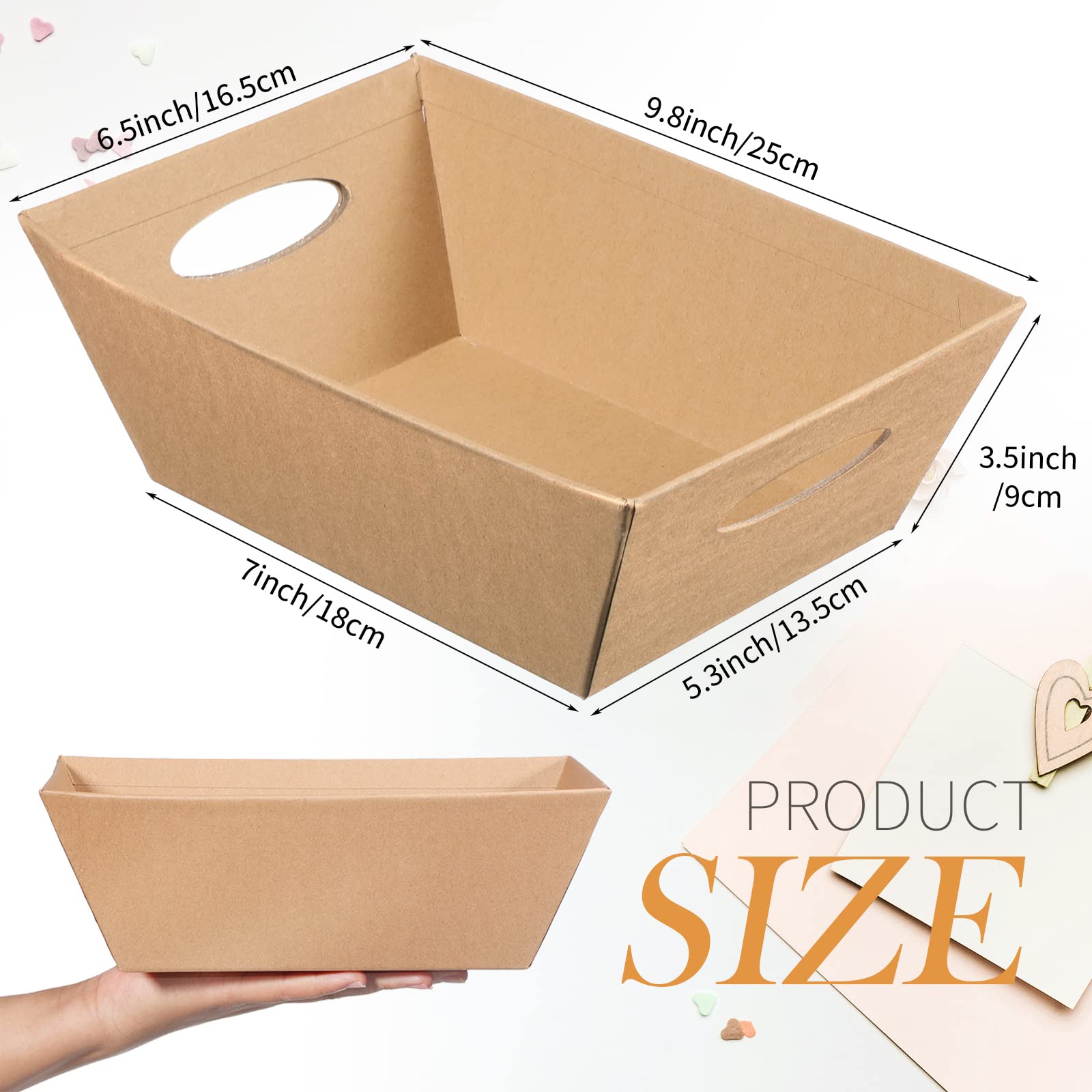 24 Pcs Basket for Gifts 9.8 x 6.5 Inch Christmas Treat Boxes Empty Sturdy Cardboard Trays with Handles Bulk Gift Basket Market Tray Favor for Gift Giving Christmas Decorations(Tan)