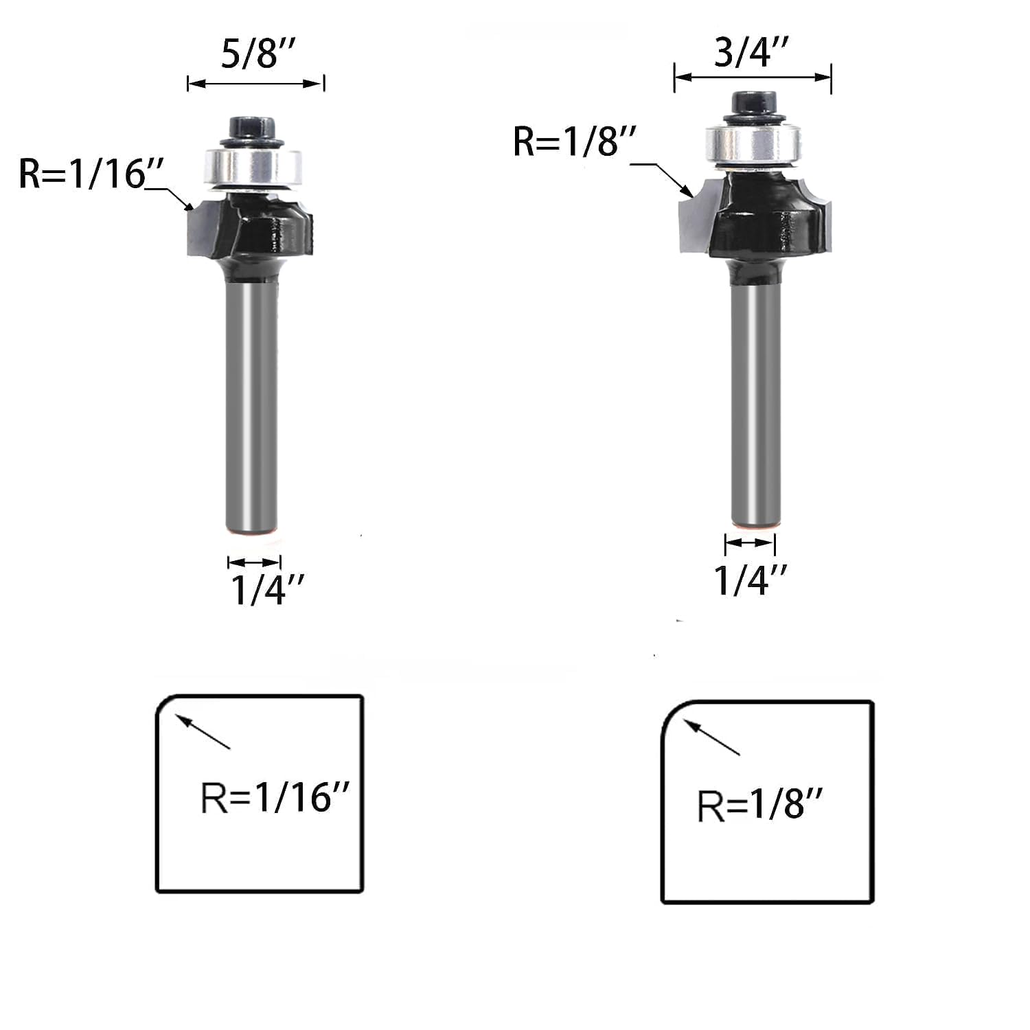 Sinoprotools 6pcs Roundover Router Bits Set 1/4 Shank, with 6 Bearings 3/8" Corner Round Over Router Bits, Carbide Roundover Bits for Rounding Edge Forming (Radius 1/16" 1/8" 3/16" 1/4" 3/8" 1/2")