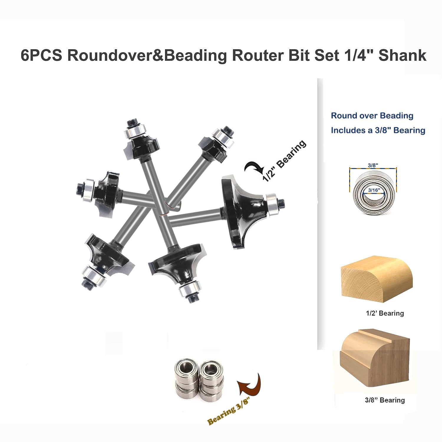 Sinoprotools 6pcs Roundover Router Bits Set 1/4 Shank, with 6 Bearings 3/8" Corner Round Over Router Bits, Carbide Roundover Bits for Rounding Edge Forming (Radius 1/16" 1/8" 3/16" 1/4" 3/8" 1/2")