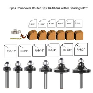 Sinoprotools 6pcs Roundover Router Bits Set 1/4 Shank, with 6 Bearings 3/8" Corner Round Over Router Bits, Carbide Roundover Bits for Rounding Edge Forming (Radius 1/16" 1/8" 3/16" 1/4" 3/8" 1/2")