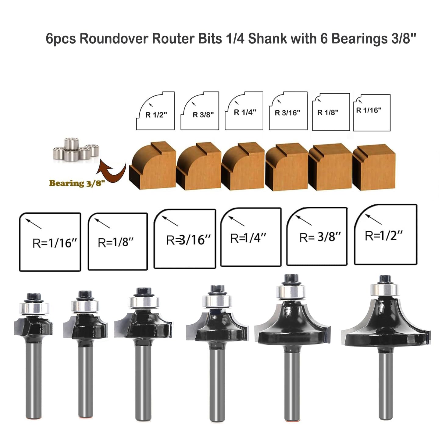 Sinoprotools 6pcs Roundover Router Bits Set 1/4 Shank, with 6 Bearings 3/8" Corner Round Over Router Bits, Carbide Roundover Bits for Rounding Edge Forming (Radius 1/16" 1/8" 3/16" 1/4" 3/8" 1/2")