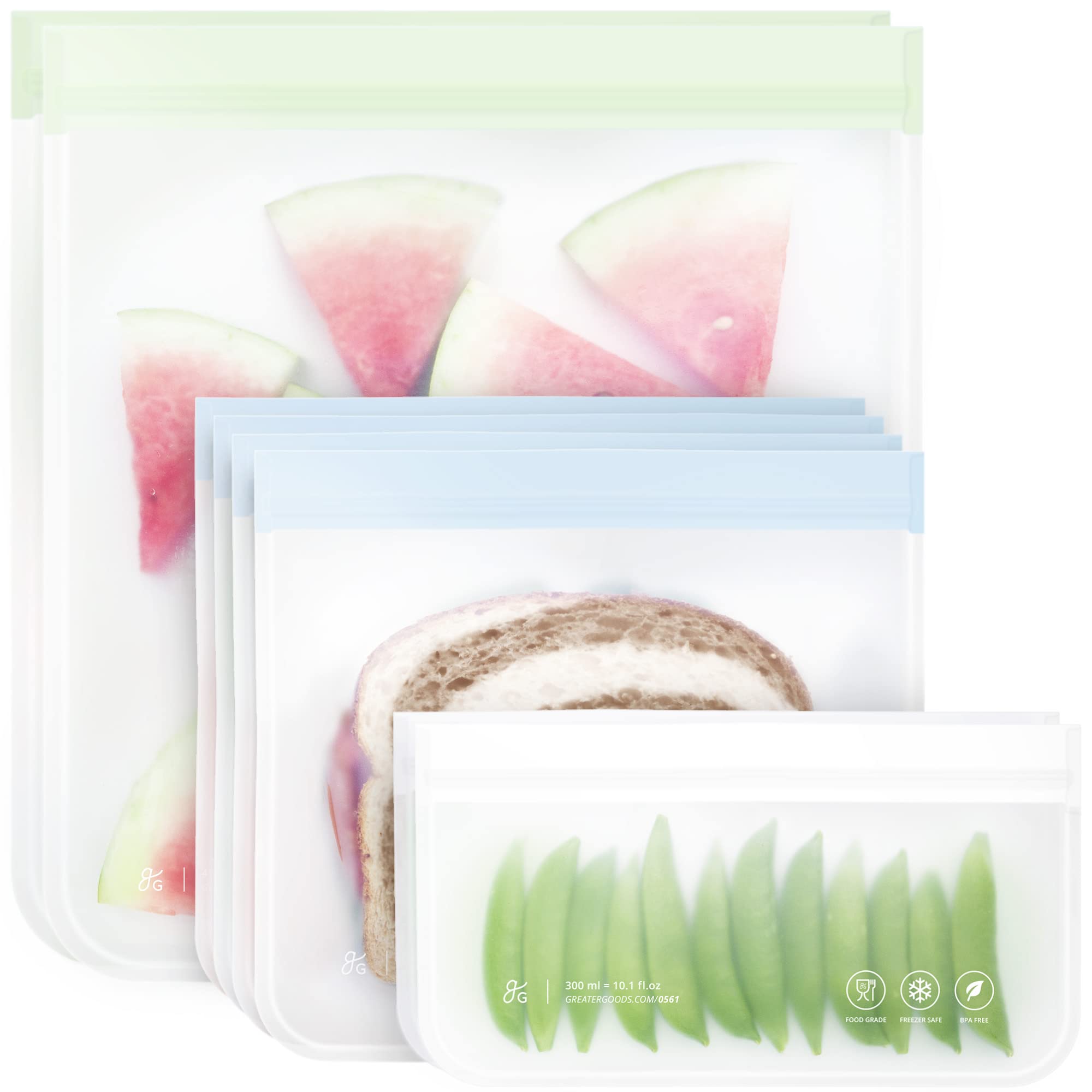 Greater Goods Reusable Food Storage Bags - BPA Free, Food Grade Ziplock Freezer Bags Made from PEVA (2 Small + 4 Medium + 2 Large)