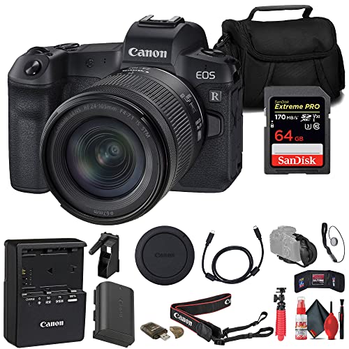 Canon EOS R Mirrorless Camera with 24-105mm f/4-7.1 Lens (3075C032) + 64GB Memory Card + Bag + Card Reader + Flex Tripod + Hand Strap + Memory Wallet + Cap Keeper + Cleaning Kit (Renewed)