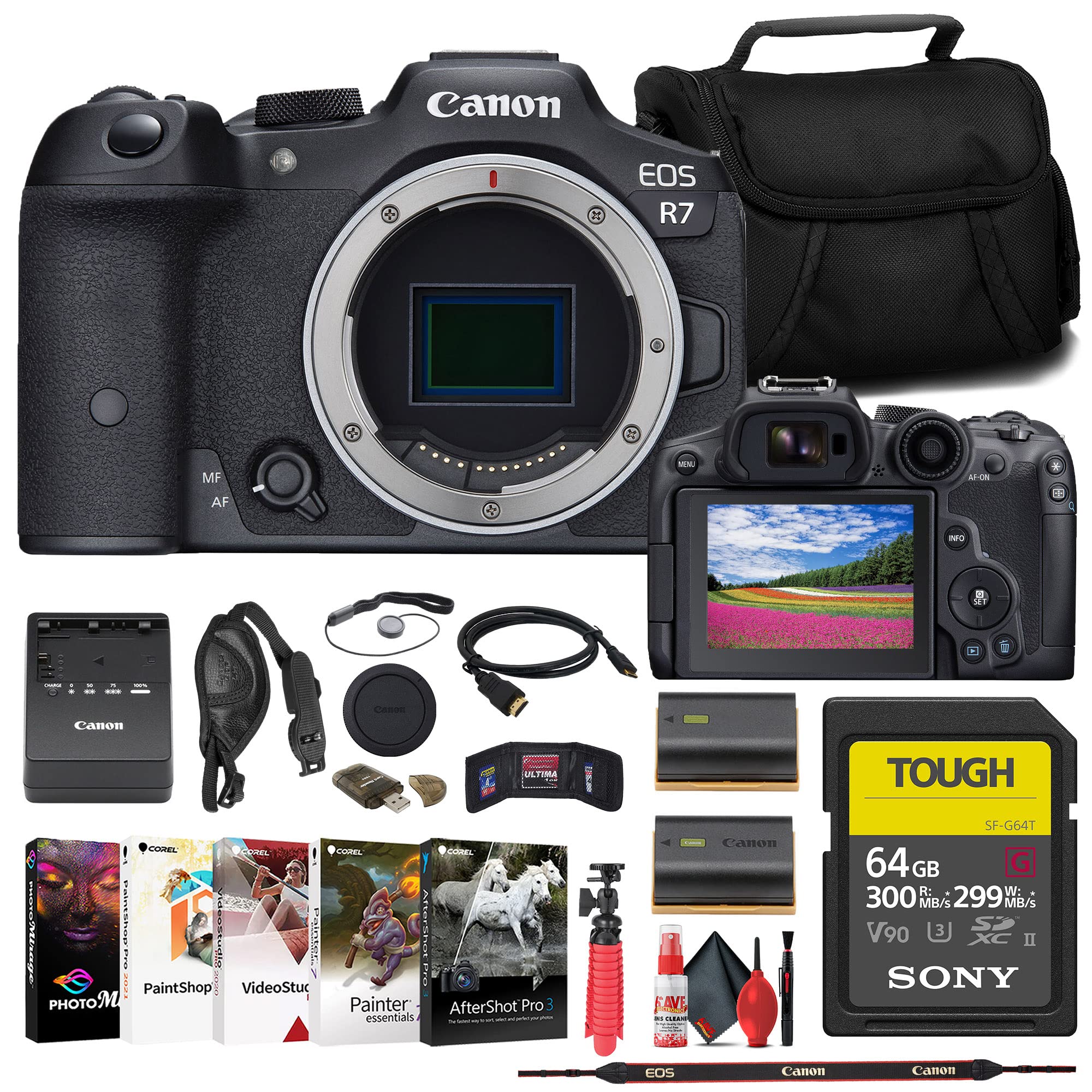 Canon EOS R7 Mirrorless Camera (5137C002) + Sony 64GB Tough SD Card + Bag + Charger + LPE6 Battery + Card Reader + Corel Photo Software + HDMI Cable + Flex Tripod + Hand Strap + More (Renewed)