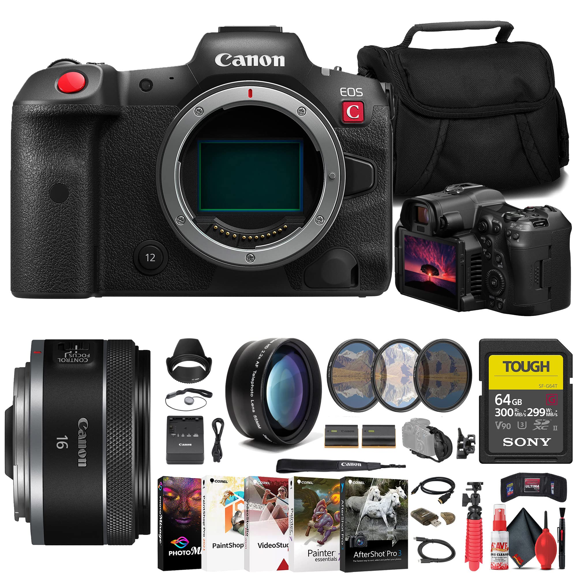 Canon EOS R5 C Mirrorless Cinema Camera (5077C002) + Canon 16mm Lens (5051C002) + Sony 64GB Tough SD Card + Filter Kit + Bag + Charger + LPE6 Battery + Telephoto Lens + Card Reader + More (Renewed)