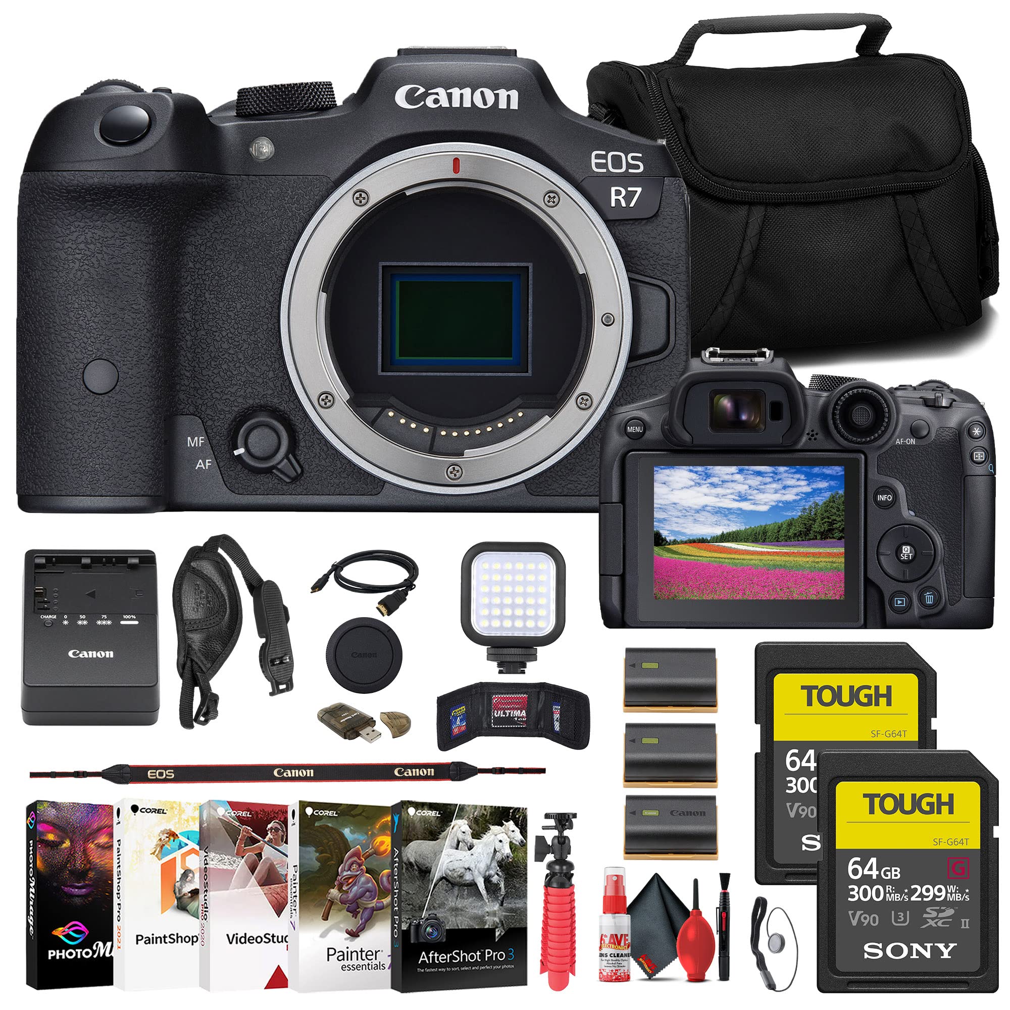 Canon EOS R7 Mirrorless Camera (5137C002) + 2 x Sony 64GB Tough SD Card + Bag + Charger + 2 x LPE6 Battery + Card Reader + LED Light + Corel Photo Software + HDMI Cable + Flex Tripod + More (Renewed)