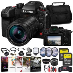 panasonic lumix gh6 mirrorless camera with 12-60mm f/2.8-4 lens (dc-gh6lk) + 2 x sony 64gb tough sd card + filter kit + wide angle lens + telephoto lens + lens hood + led light + more (renewed)