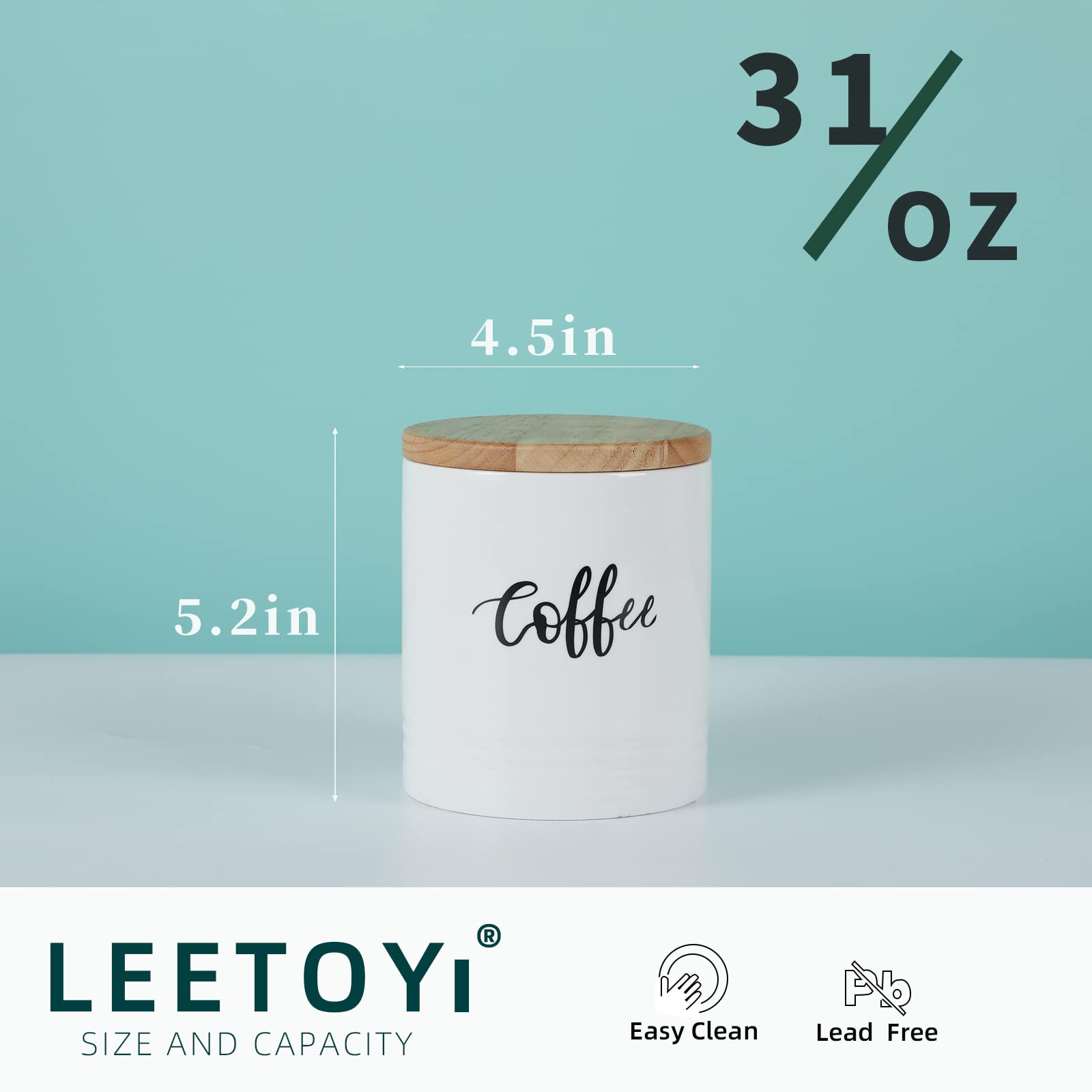 LEETOYI Porcelain Food Storage Containers with Lid, 4.5-Inch 31oz White, Labeled Coffee