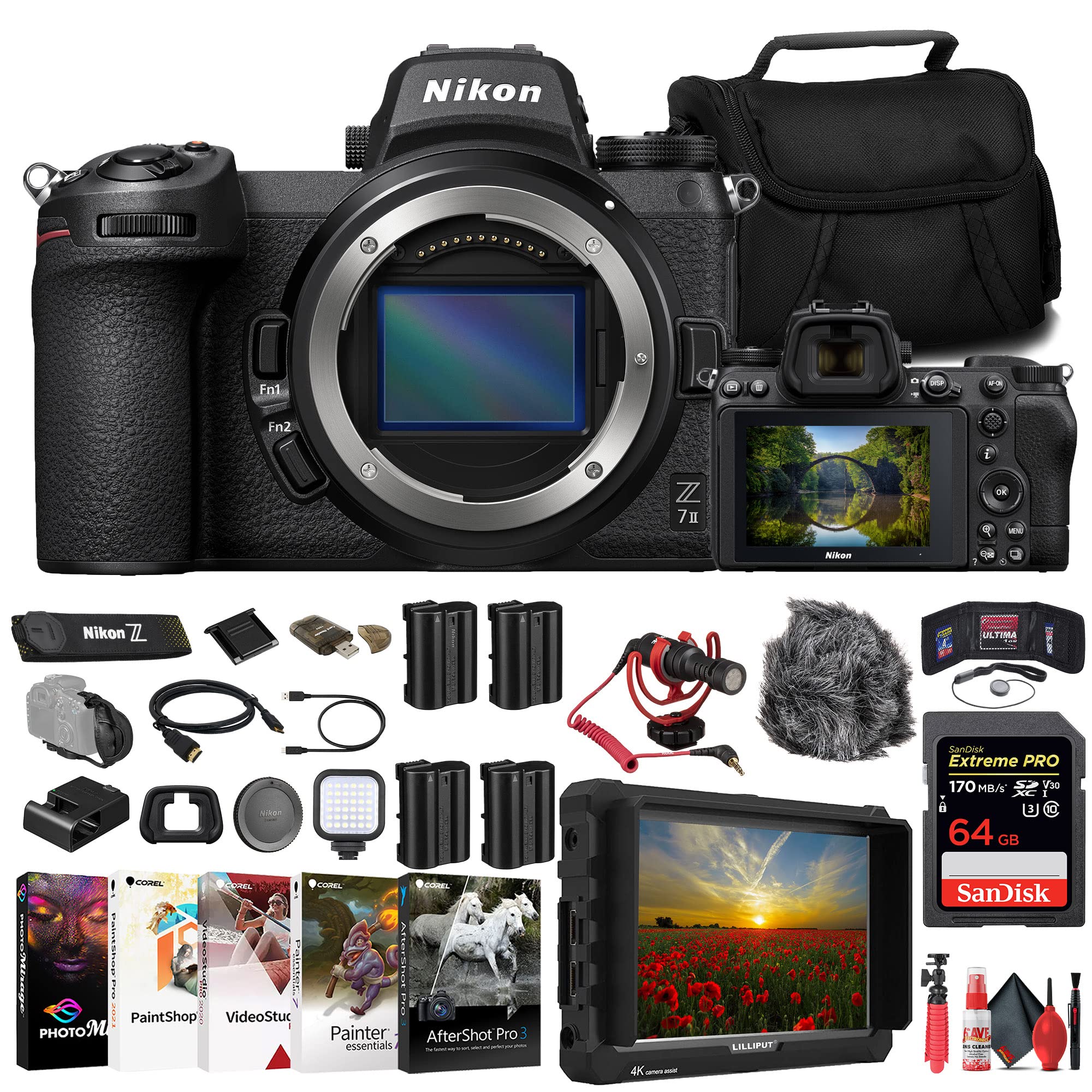 Nikon Z7 II Mirrorless Camera (1653) + 4K Monitor + 64GB Memory Card + Bag + 3 x EN-EL15c Battery + Card Reader + LED Light + Corel Photo Software + Rode Compact Mic + Flex Tripod + More (Renewed)