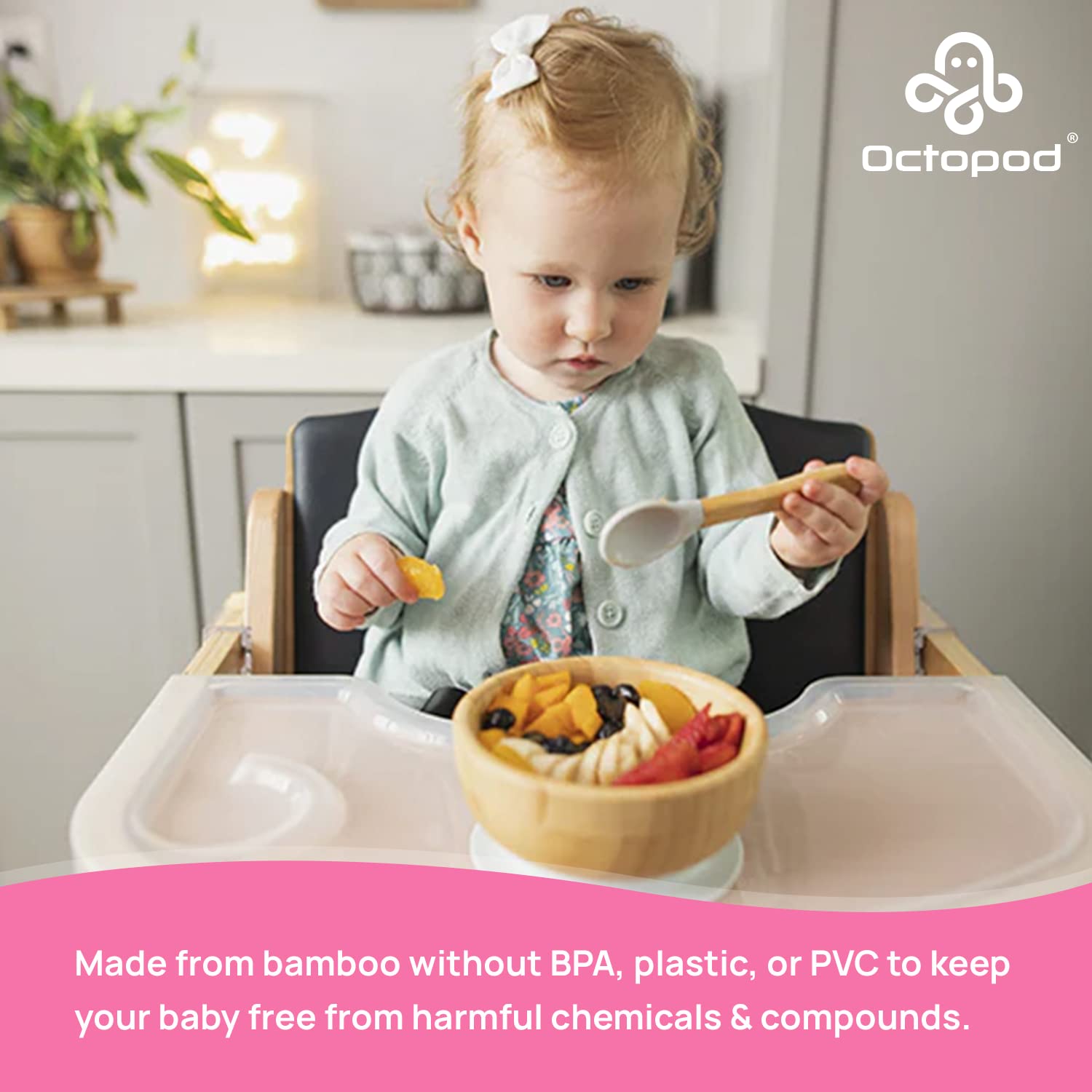 Abiie Octopod Bamboo Dish - Fun Kids Bowls for 4 months and up, Bamboo Suction Bowl, High-Chair Bamboo Baby Bowls, Mess-Free Toddler Suction Bowls, Ergonomic Baby Feeding Supplies, 5.7 x 3 x 5.7 in