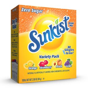 sunkist soda variety pack, singles to go orange, strawberry, grape and peach (30 total sticks)