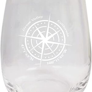 R and R Imports Grass Valley California Souvenir 15 Ounce Laser Engraved Stemless Wine Glass Compass Design 2-Pack