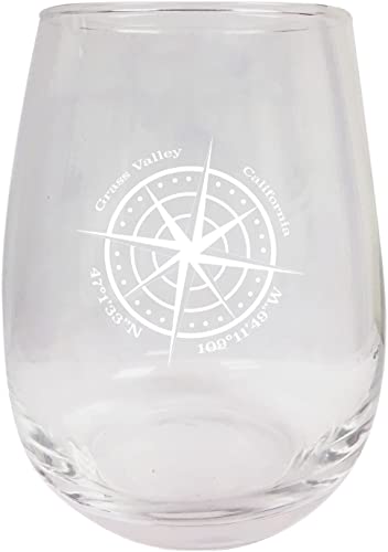 R and R Imports Grass Valley California Souvenir 15 Ounce Laser Engraved Stemless Wine Glass Compass Design 2-Pack