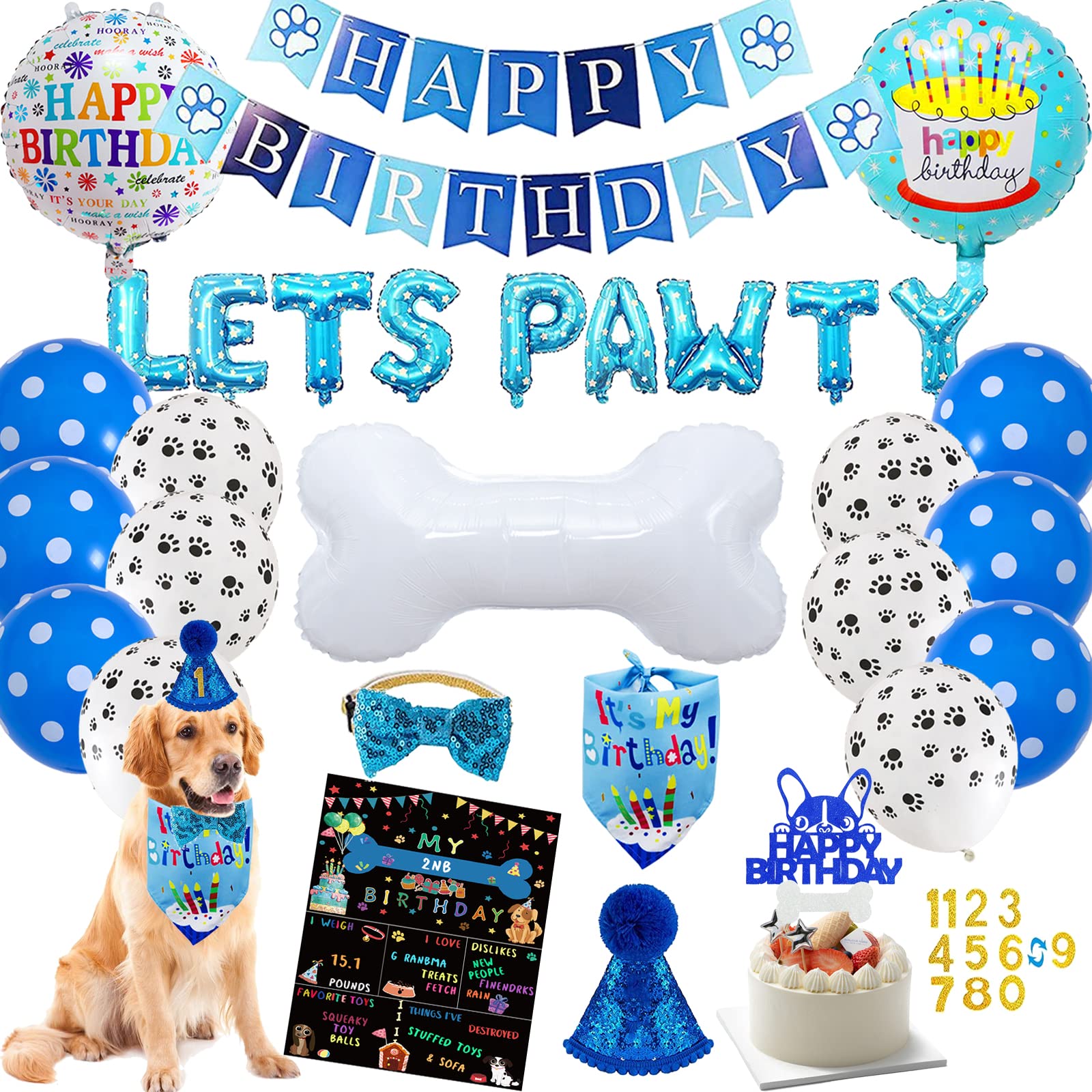 Dog Birthday Party Supplies Dog Birthday Party Decorations Boy with Dog Party Hat Lets Pawty Balloons Banner Dog Bandana Bowtie Cake Topper for Lets Pawty Birthday Decorations