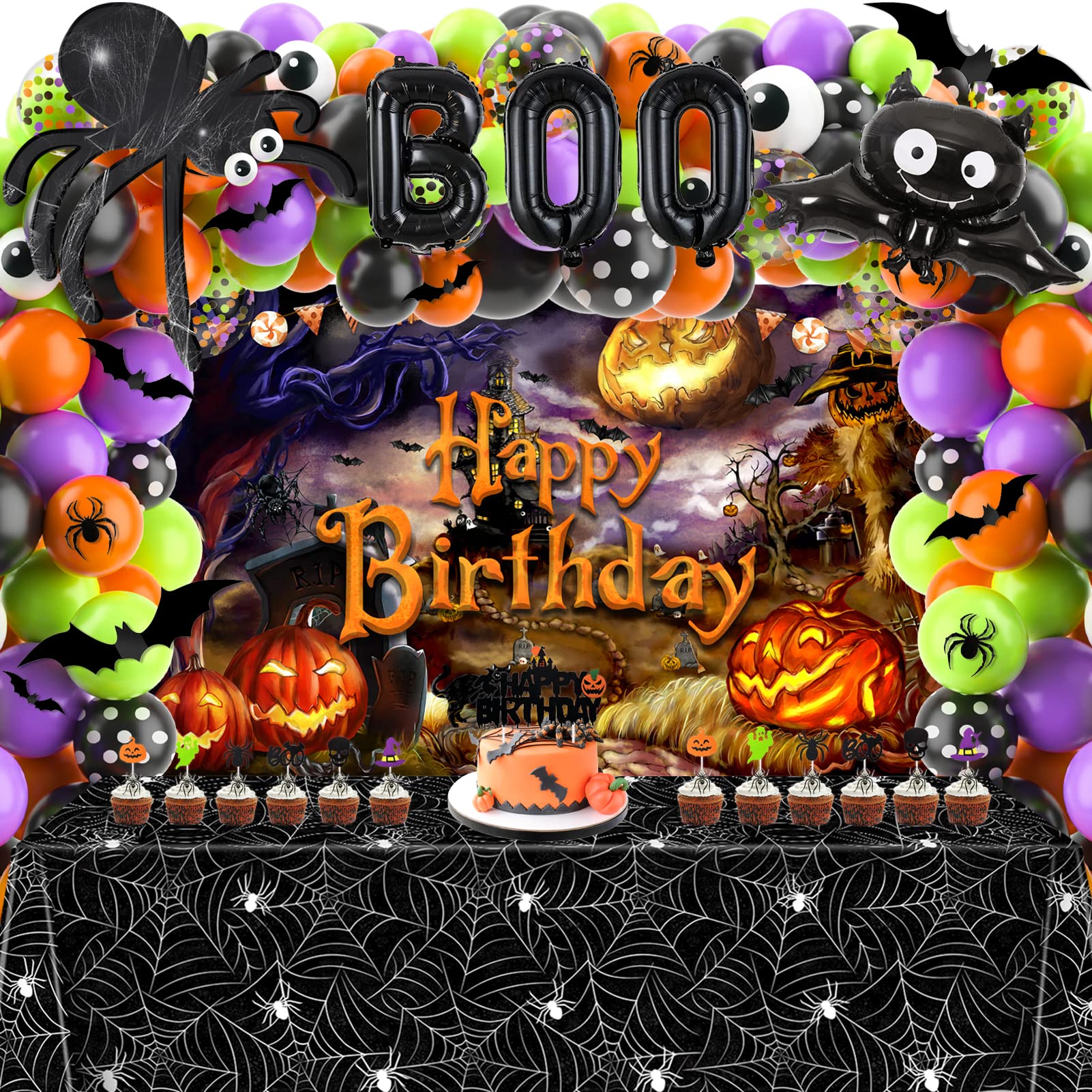 Halloween Birthday Decorations Party Supplies Halloween Themed Party Favors 105 Pcs for Kids Including Spider Web, Backdrop, Tablecloth, Cake Toppers, Spider Bat Wall Stickers, Balloons Arch and kit