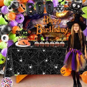 Halloween Birthday Decorations Party Supplies Halloween Themed Party Favors 105 Pcs for Kids Including Spider Web, Backdrop, Tablecloth, Cake Toppers, Spider Bat Wall Stickers, Balloons Arch and kit