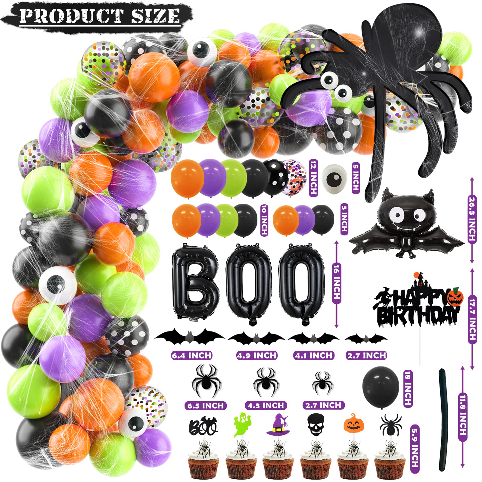 Halloween Birthday Decorations Party Supplies Halloween Themed Party Favors 105 Pcs for Kids Including Spider Web, Backdrop, Tablecloth, Cake Toppers, Spider Bat Wall Stickers, Balloons Arch and kit