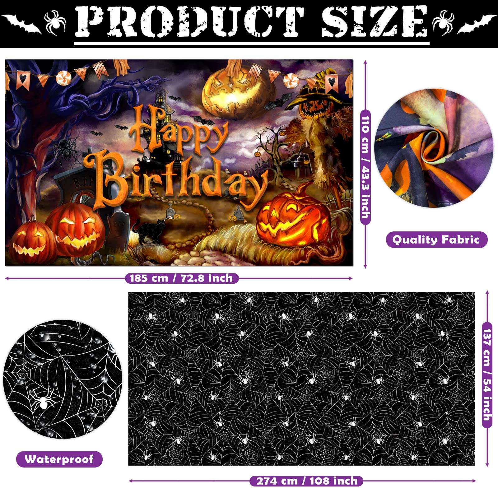 Halloween Birthday Decorations Party Supplies Halloween Themed Party Favors 105 Pcs for Kids Including Spider Web, Backdrop, Tablecloth, Cake Toppers, Spider Bat Wall Stickers, Balloons Arch and kit