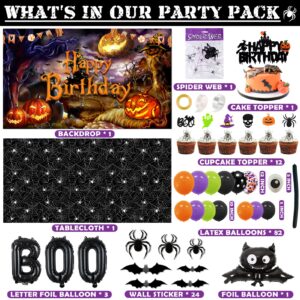 Halloween Birthday Decorations Party Supplies Halloween Themed Party Favors 105 Pcs for Kids Including Spider Web, Backdrop, Tablecloth, Cake Toppers, Spider Bat Wall Stickers, Balloons Arch and kit