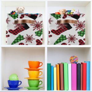 xigua Checkered Christmas Stockings Snowflakes Gingerbread Foldable Storage Bin, Collapsible Sturdy Fabric Storage Basket Cube W/Handles, Storage Box for Organizing Toys Nursery Shelf Closet Bedroom