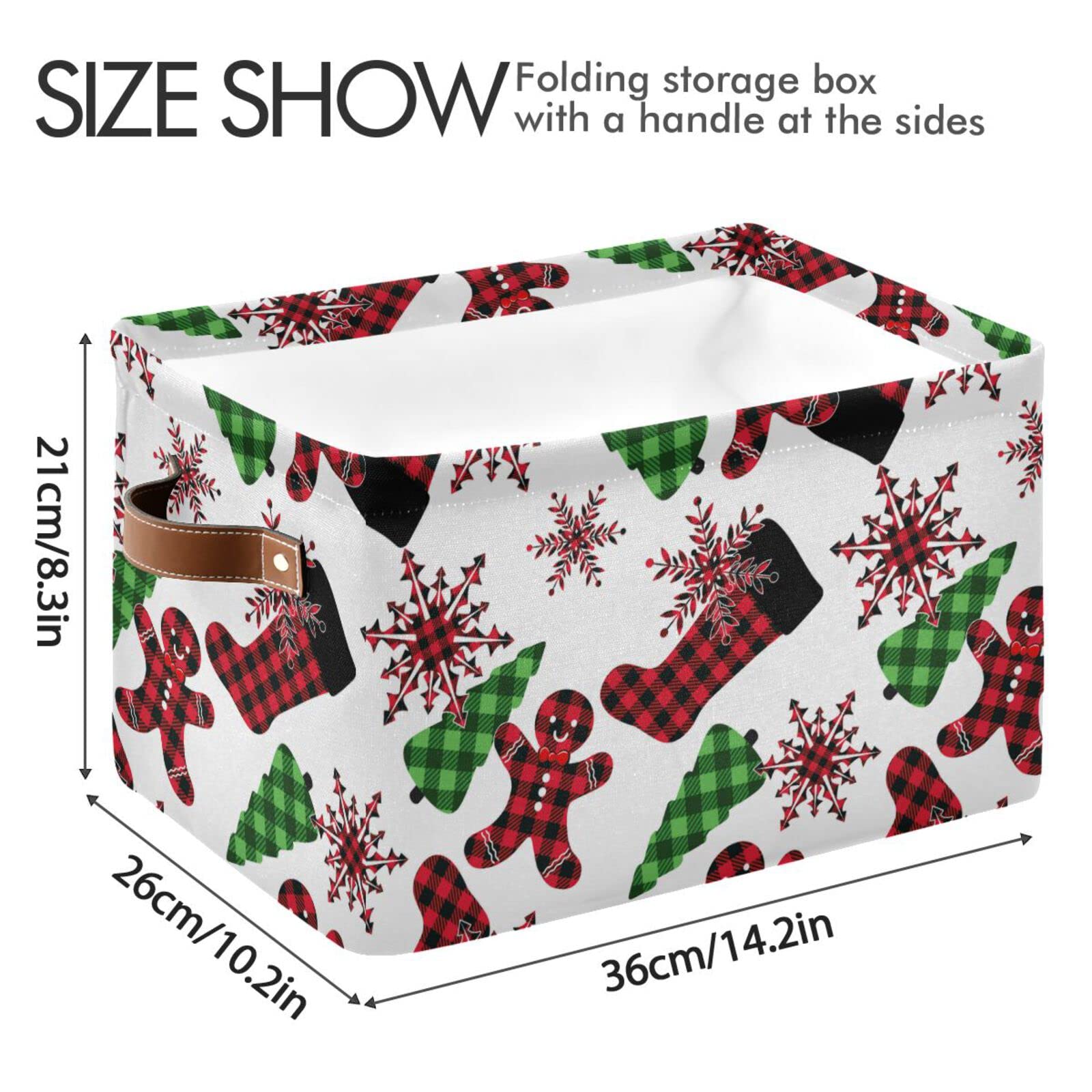 xigua Checkered Christmas Stockings Snowflakes Gingerbread Foldable Storage Bin, Collapsible Sturdy Fabric Storage Basket Cube W/Handles, Storage Box for Organizing Toys Nursery Shelf Closet Bedroom