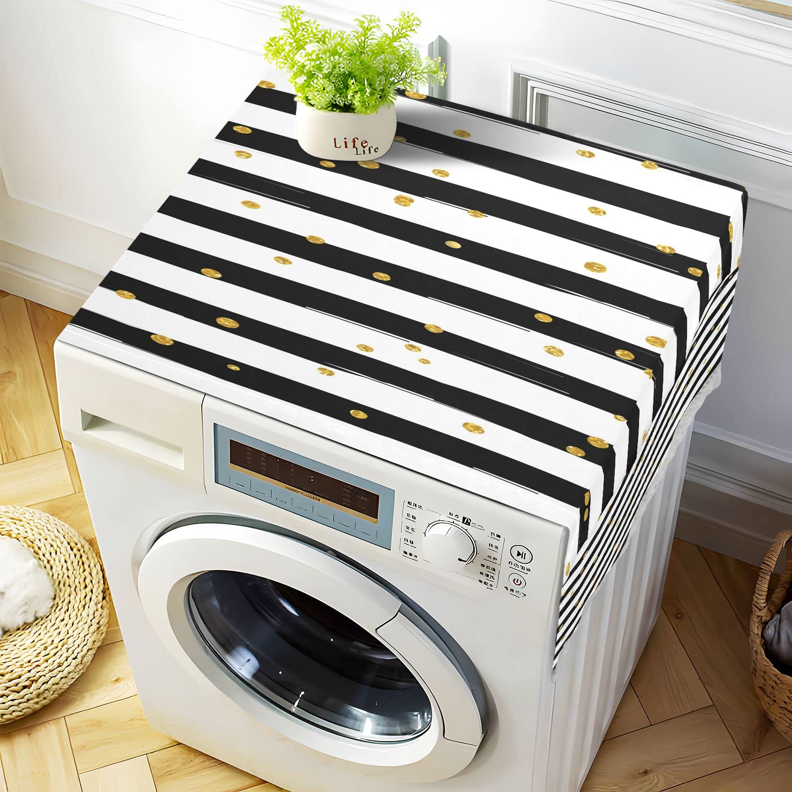 Kigai Stripe & Polka Dots Washing Machine Cover, Top Load Washer Dryer Fabric Cover with Storage Bags for Home Appliances Dust Proof Covers for Refrigerator Oven