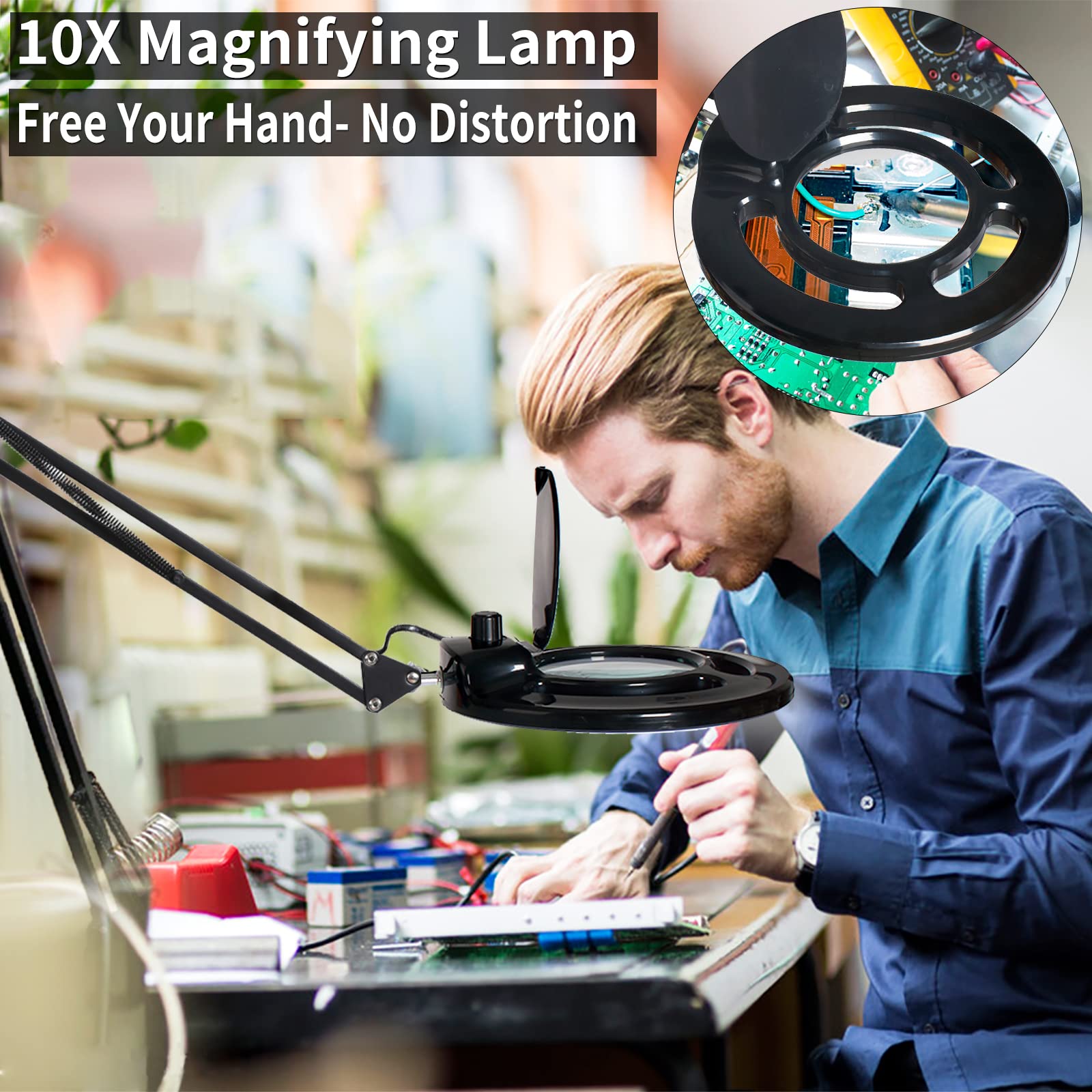 10X Magnifying Glass with Light, KIRKAS 2,200 Lumens LED Magnifying Lamp with Clamp, Stepless Dimmable Real Glass Lens Magnifier, Adjustable Arm Workbench Light for Close Work Hobby Repair - Black