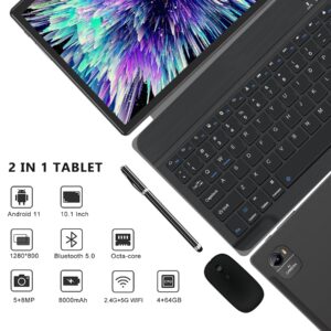 Oangcc 10.1" Android 11 Tablet, 2 in 1 Tablet 4GB RAM 64GB ROM (Up to 128G) Dual Camera Computer Tablet PC with Bluetooth Keyboard | Wireless Mouse | Stylus | Case | and More - Black