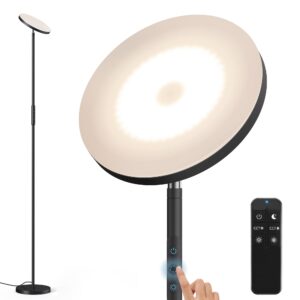 wowlumen floor lamp,bright 36w 3500lm standing lamp with remote, 2700k soft white to 6500k cool white adjustable,touch control dimmable torchiere tall lamp for living room,bedroom,office,sofa(black)