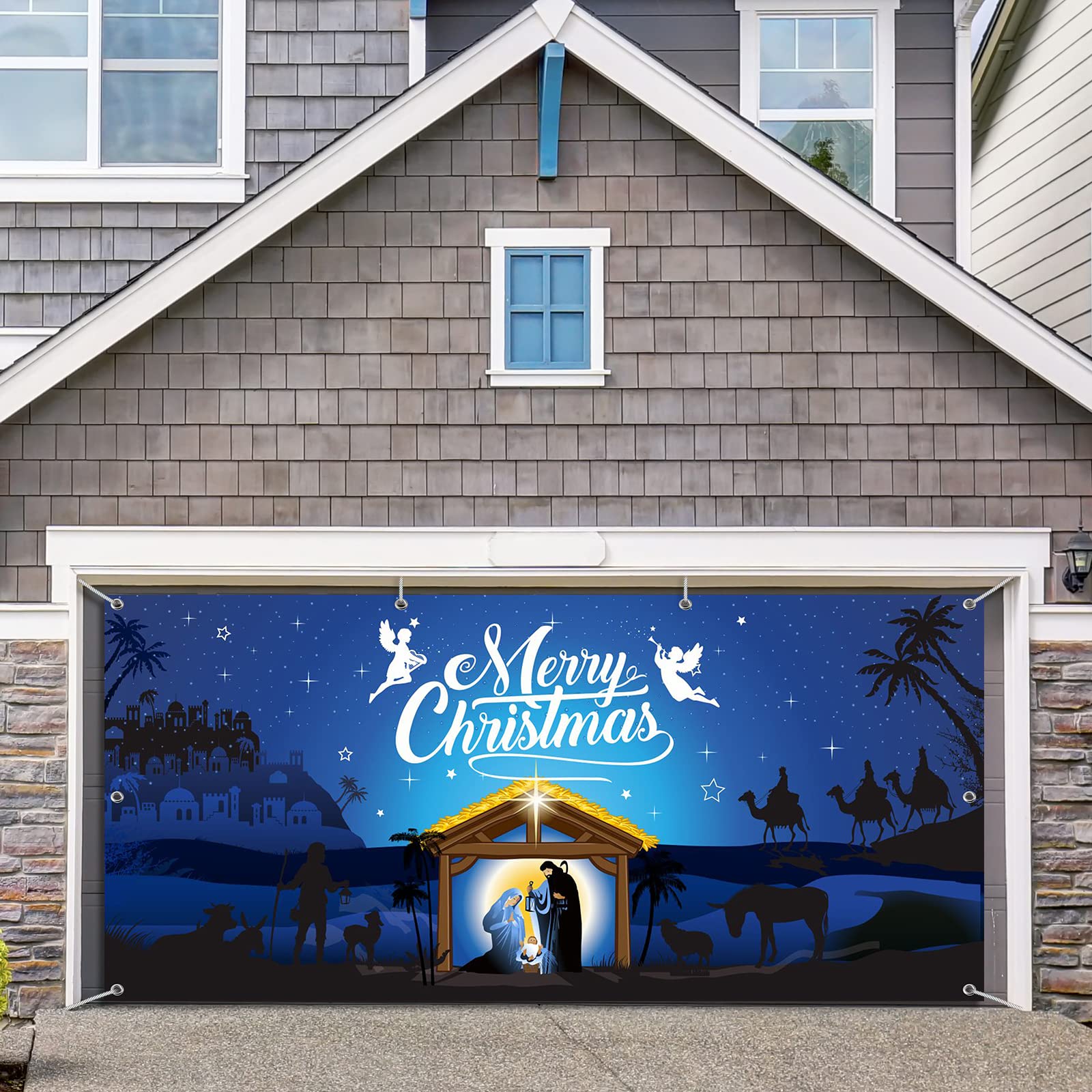 Christmas Nativity Garage Door Banner Cover Decorations 6x13ft, Extra Large Fabric Nativity Scene Christmas Backdrop Photo Booth Background Yard Sign for Xmas Holiday Winter New Year Party Supplies