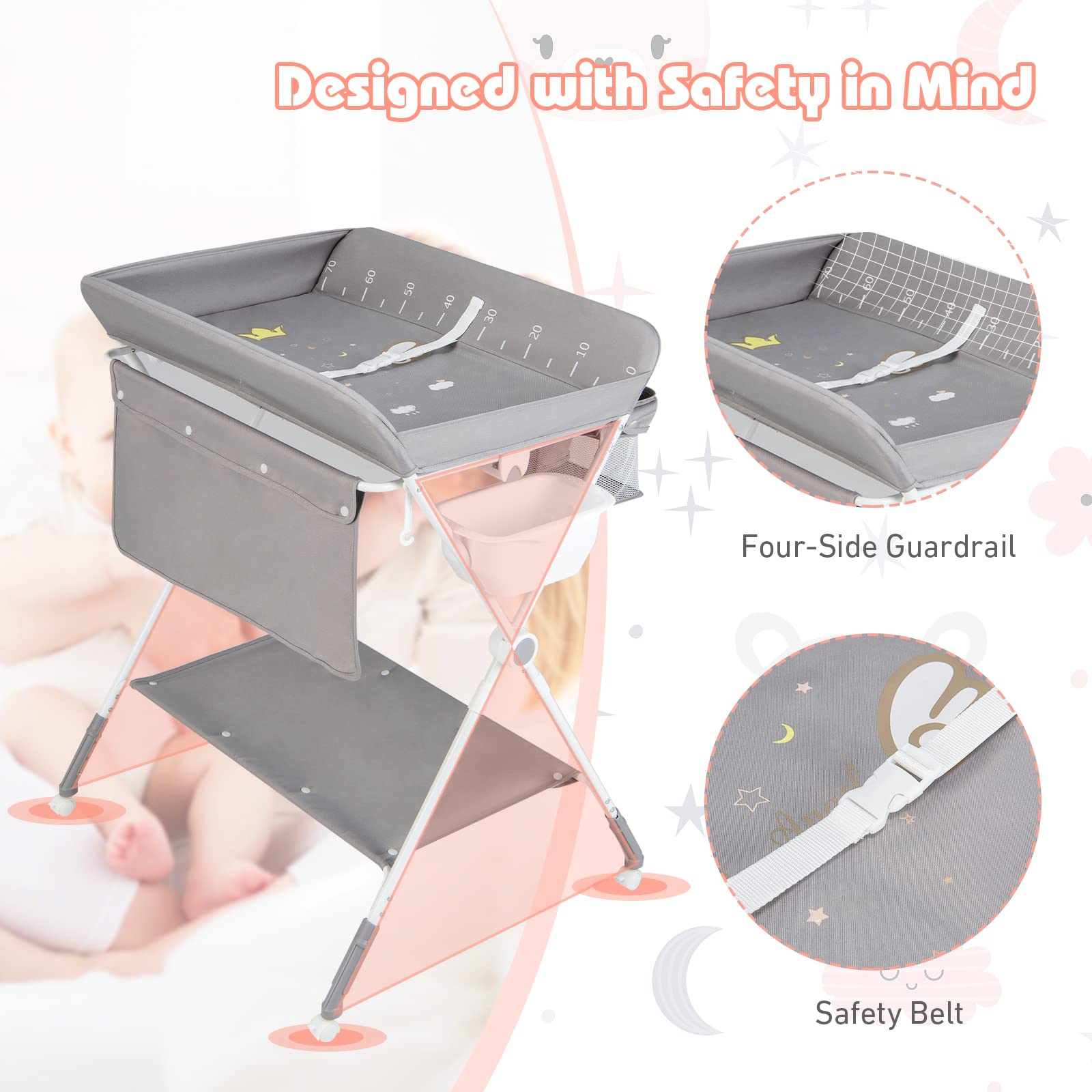 BABY JOY Portable Baby Changing Table, Foldable Diaper Changing Station w/Wheels, Adjustable Height, Large Storage Rack, Water Basin, Safety Belt, Mobile Nursery Organizer for Newborn Infant (Gray)