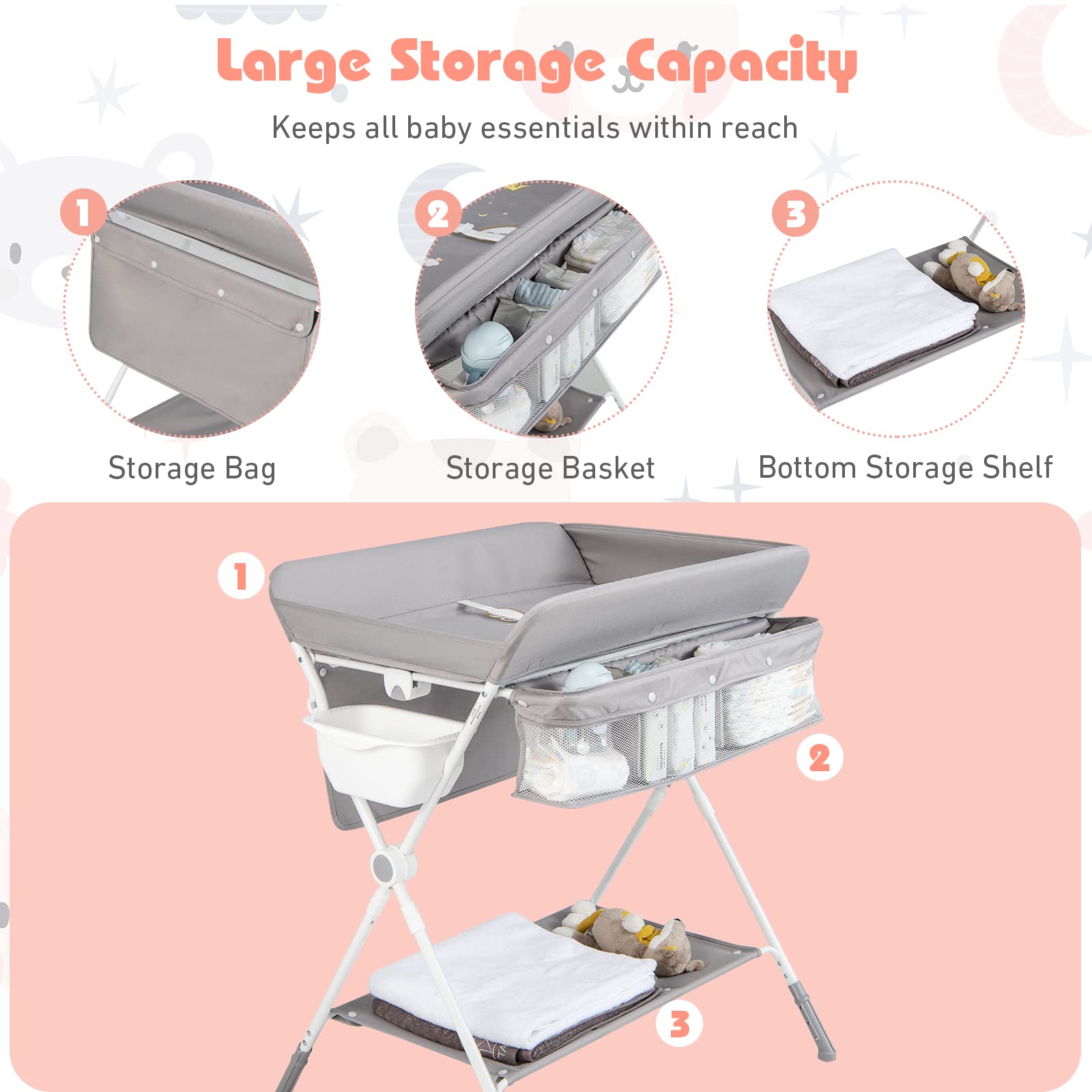 BABY JOY Portable Baby Changing Table, Foldable Diaper Changing Station w/Wheels, Adjustable Height, Large Storage Rack, Water Basin, Safety Belt, Mobile Nursery Organizer for Newborn Infant (Gray)