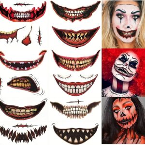 12PCS Halloween Face Tattoos for Adults, 2022 Halloween Prank Makeup Temporary Tattoo, Scary Big Mouth Tattoo Realistic Halloween Face Tattoos for Adult Women and Men