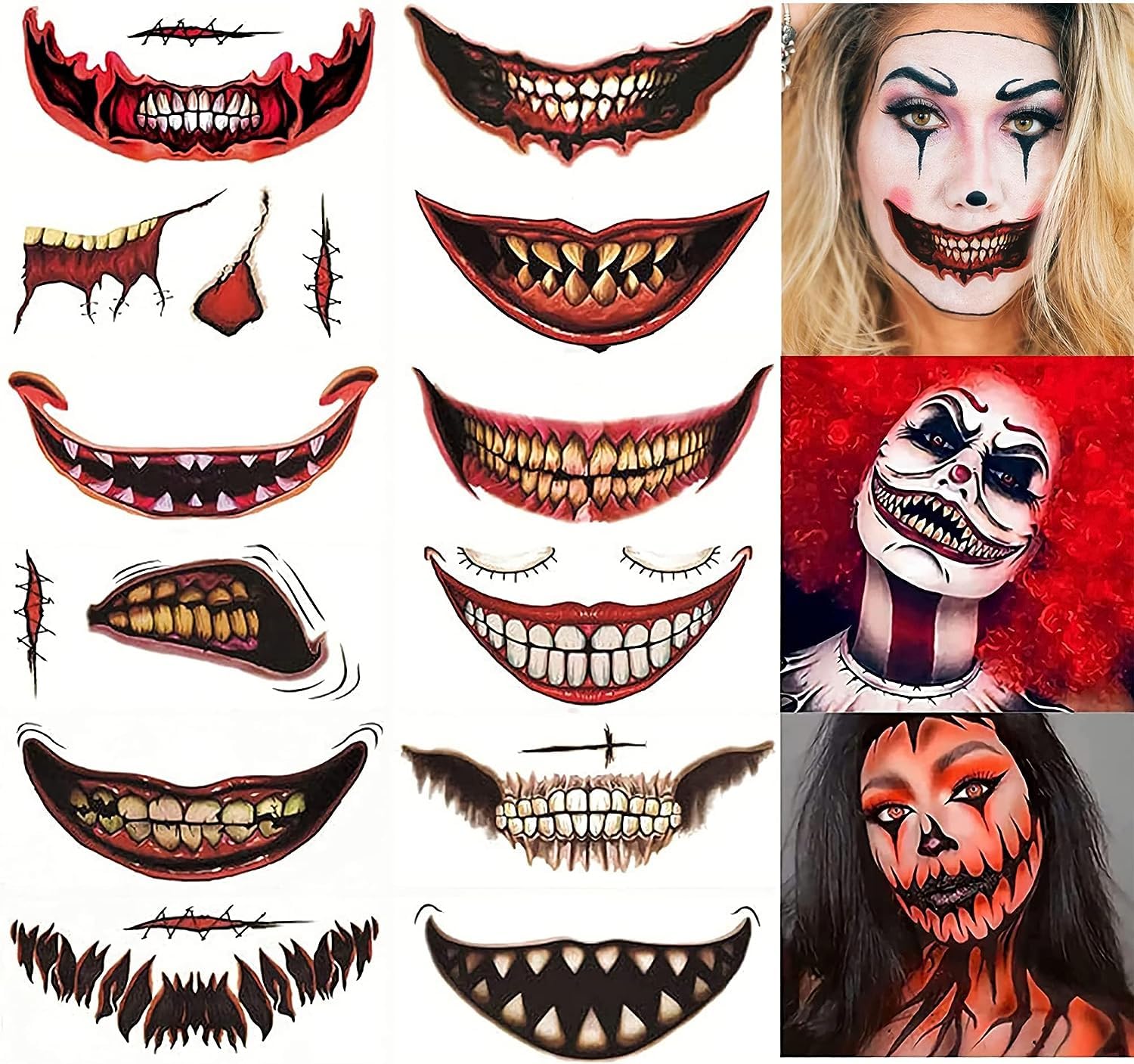 12PCS Halloween Face Tattoos for Adults, 2022 Halloween Prank Makeup Temporary Tattoo, Scary Big Mouth Tattoo Realistic Halloween Face Tattoos for Adult Women and Men