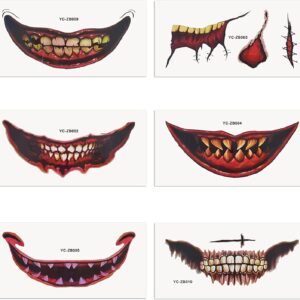 12PCS Halloween Face Tattoos for Adults, 2022 Halloween Prank Makeup Temporary Tattoo, Scary Big Mouth Tattoo Realistic Halloween Face Tattoos for Adult Women and Men