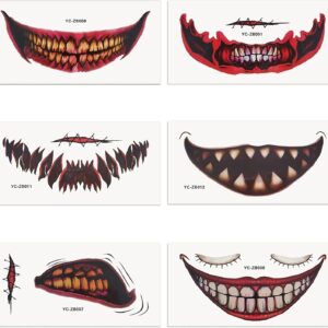 12PCS Halloween Face Tattoos for Adults, 2022 Halloween Prank Makeup Temporary Tattoo, Scary Big Mouth Tattoo Realistic Halloween Face Tattoos for Adult Women and Men