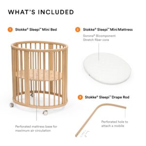 Stokke Sleepi Mini Bundle, Natural - Includes Crib/Bed, Mattress & Drape Rod - Suitable for Ages 0-5 Years Old - Adjustable & Stylish